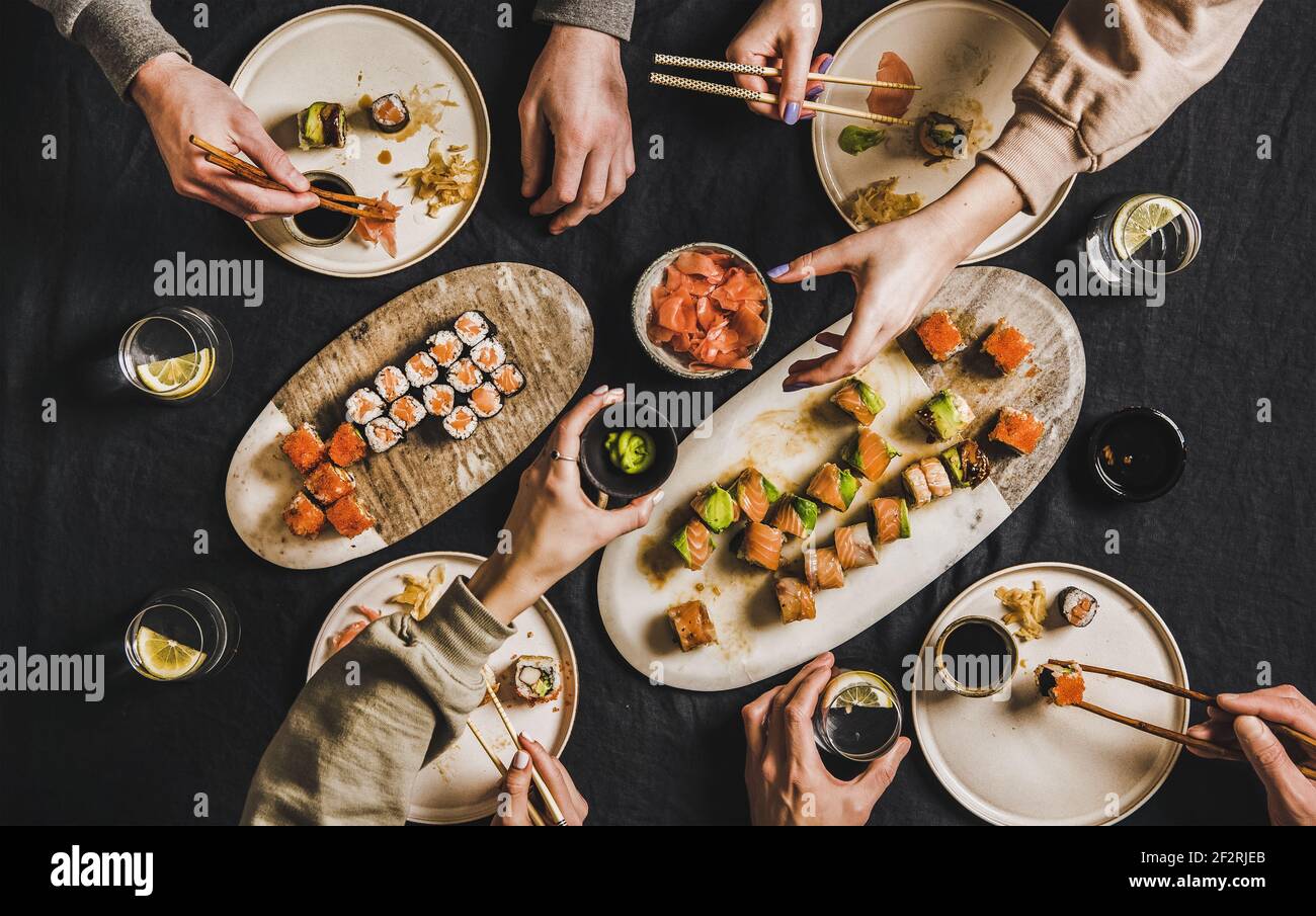 Family quarantine japanese dinner from delivery service, top view Stock ...