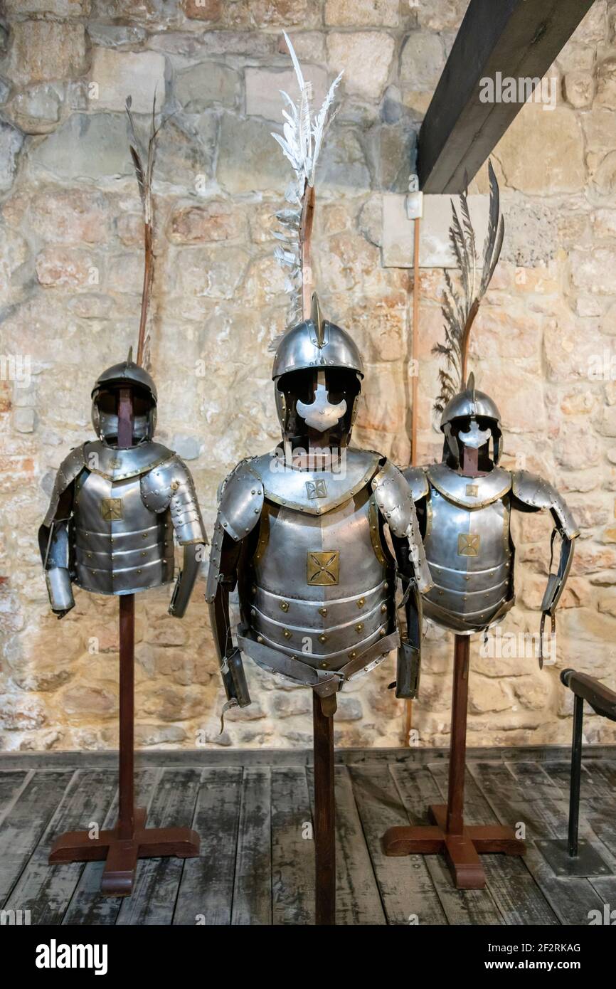 Gallery of knight's armor. Knight's iron armor in the museum. toned ...