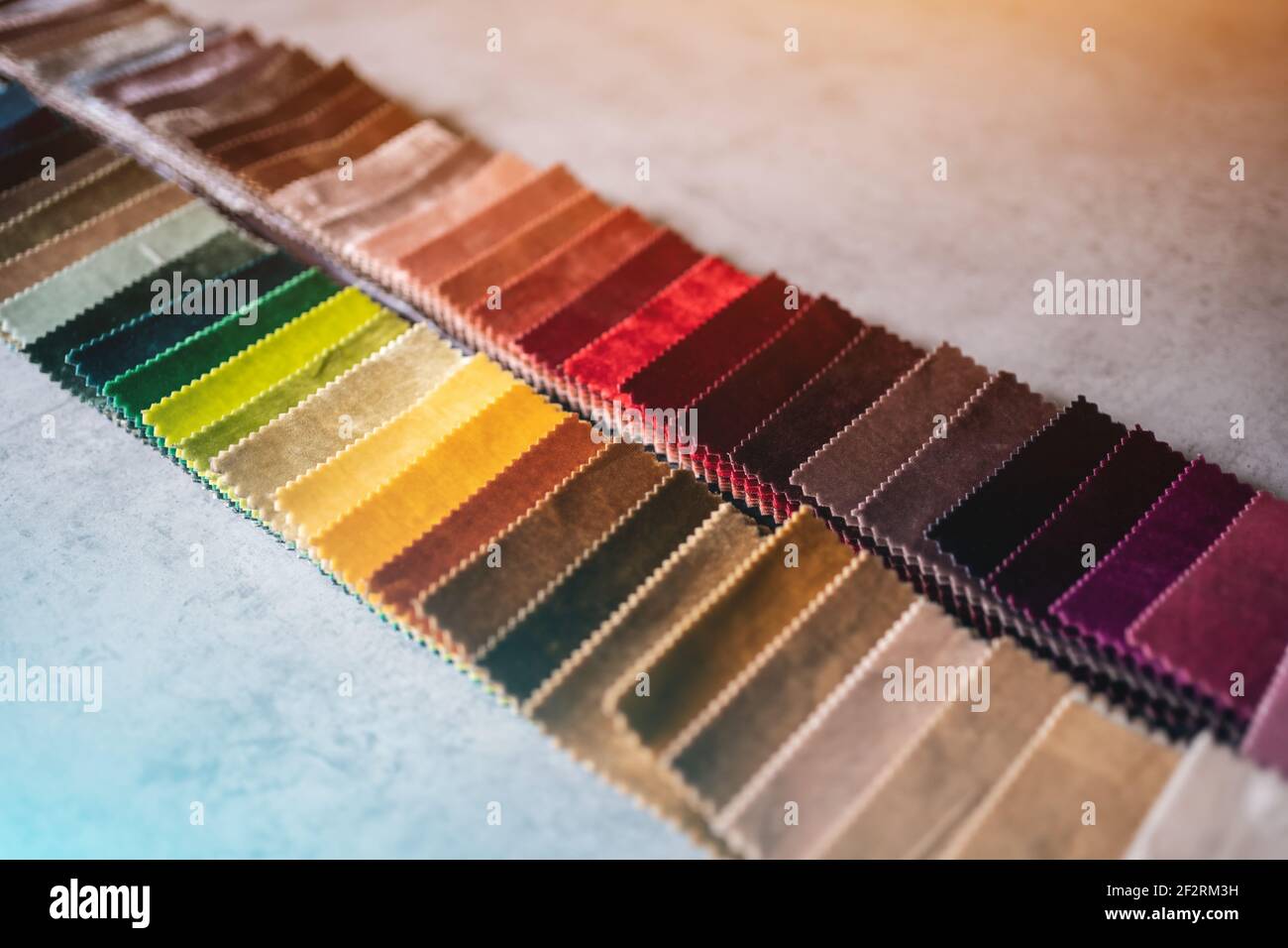 closeup of fabric colorful velvet samples palette at textile showroom ...