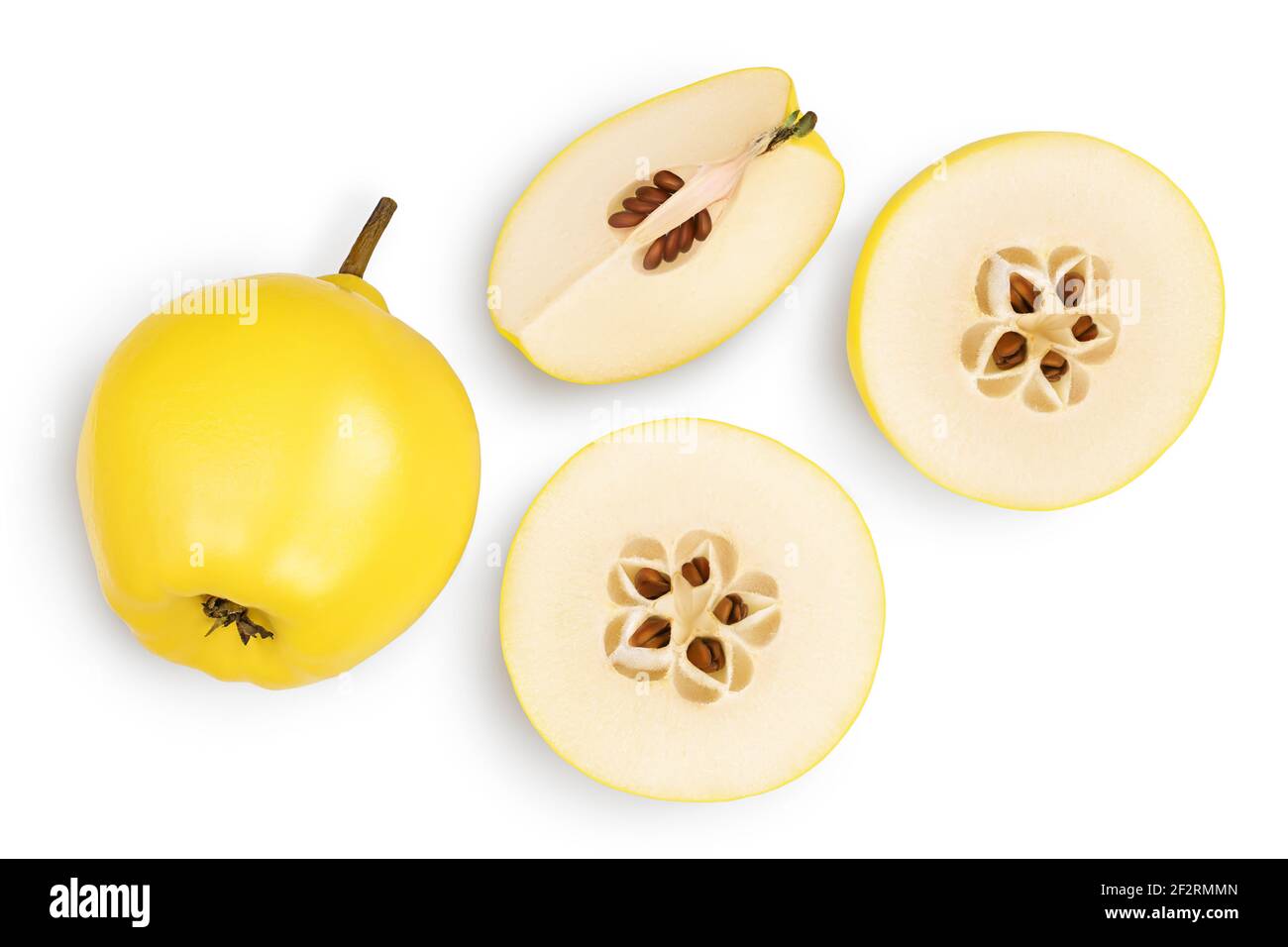 Fresh quince with half and slices isolated on the white background with ...