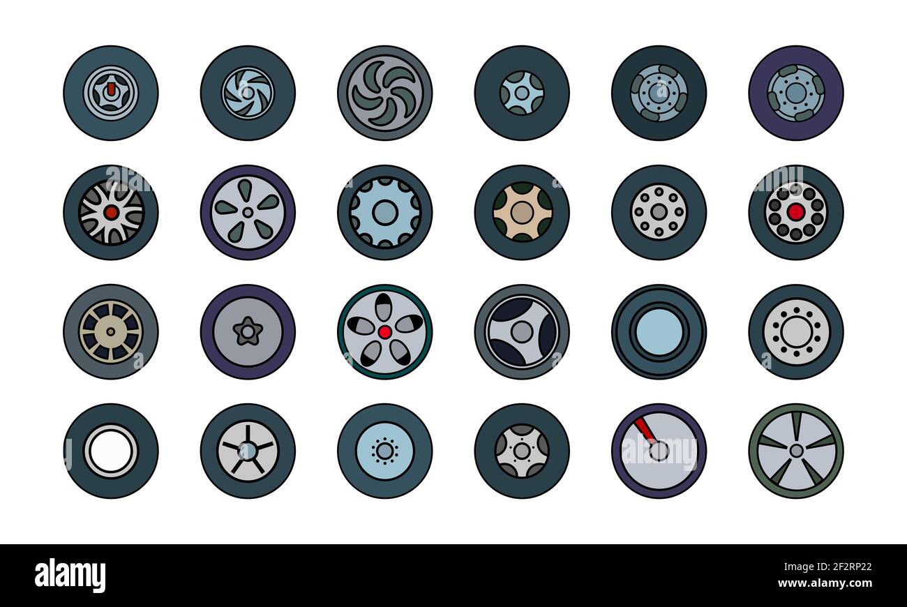 Set of colored icons of tires and wheels. Flat flat style. Vector ...