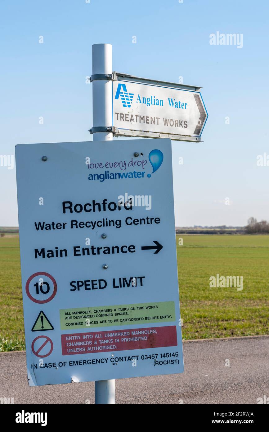 Anglian Water treatment works sign at Stambridge, Rochford, Essex, UK ...