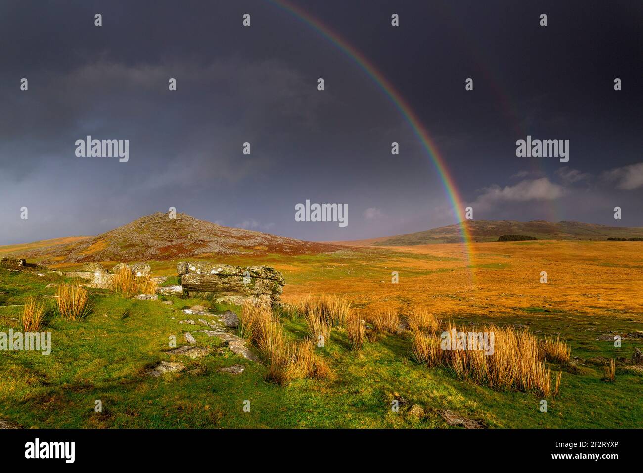 Rough Tor and Brown Willy; With Rainbow; Bodmin Moor; Cornwall; UK ...