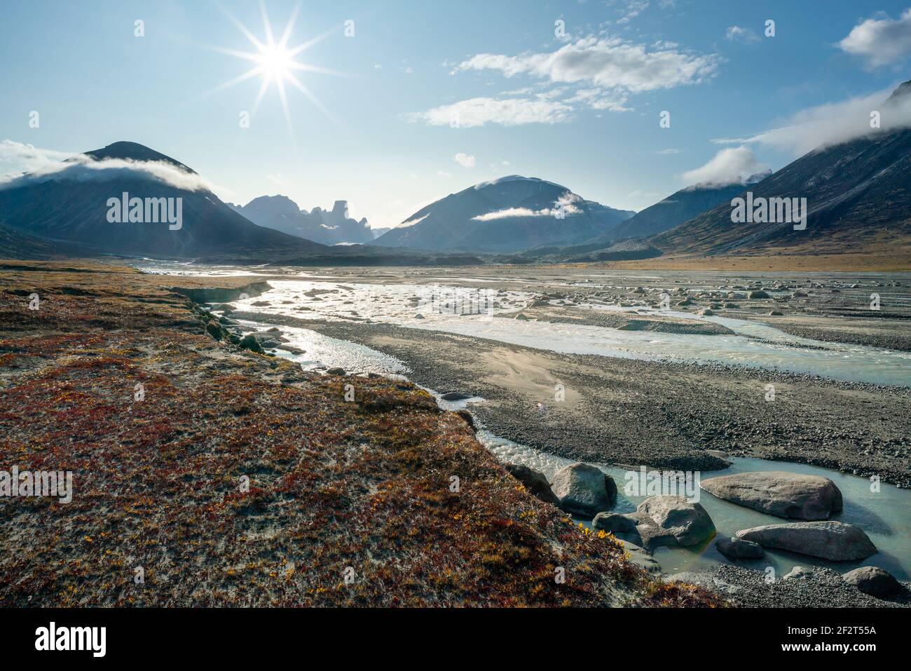 Owl River bed near Mt. Asgard, in arctic remote valley, Akshayuk Pass ...