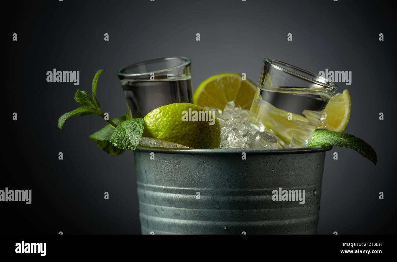Strong alcoholic drink with lime and mint in a metal bucket with ice ...
