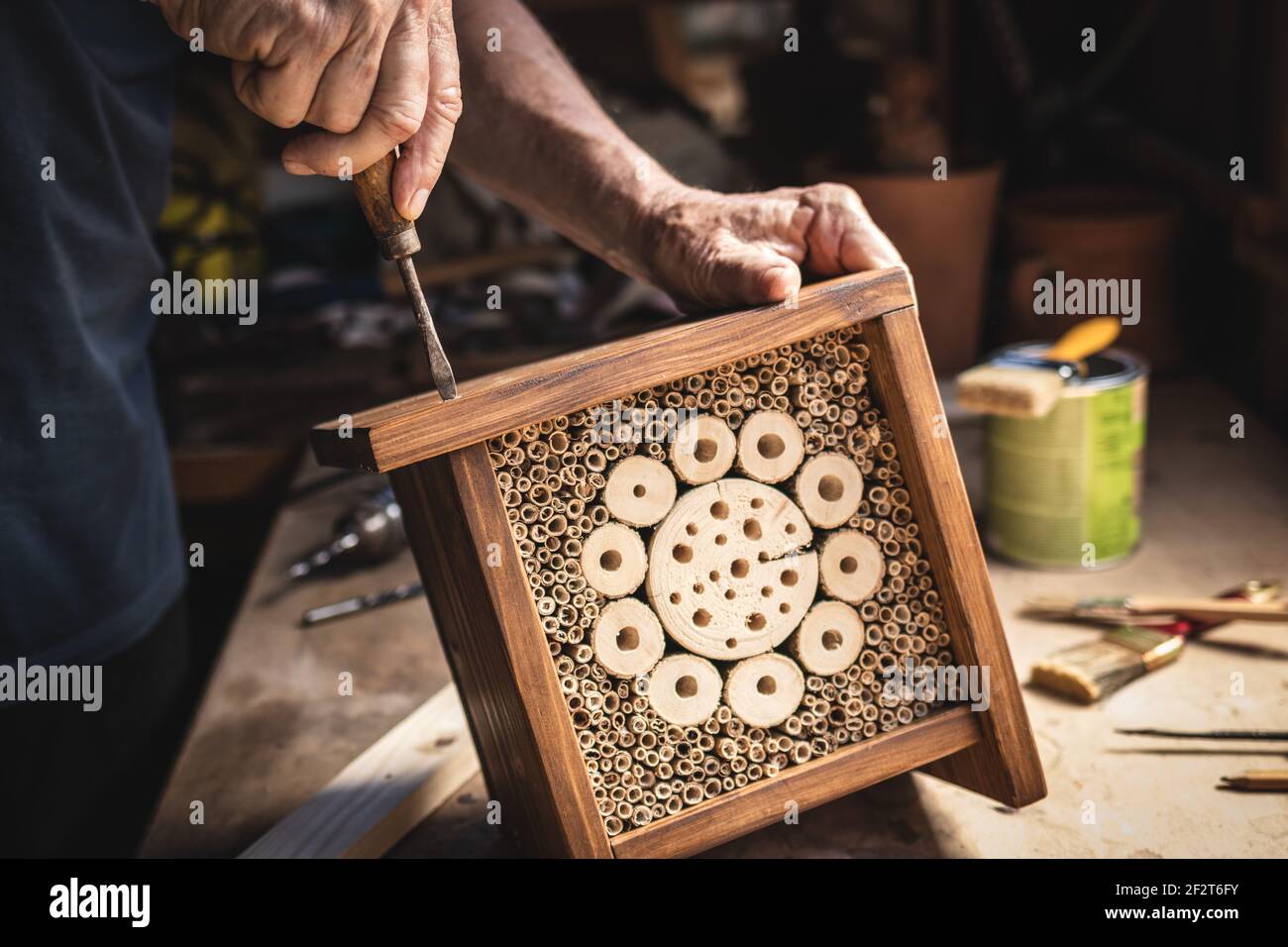 Man making wooden insect hotel. Craftsperson working in his workshop ...