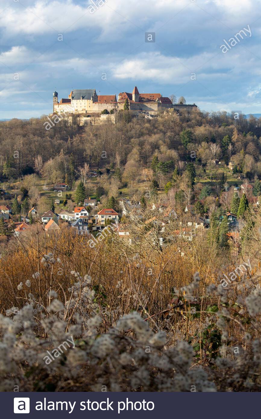 The fortress known as Veste Coburg towers over the city of Coburg ...