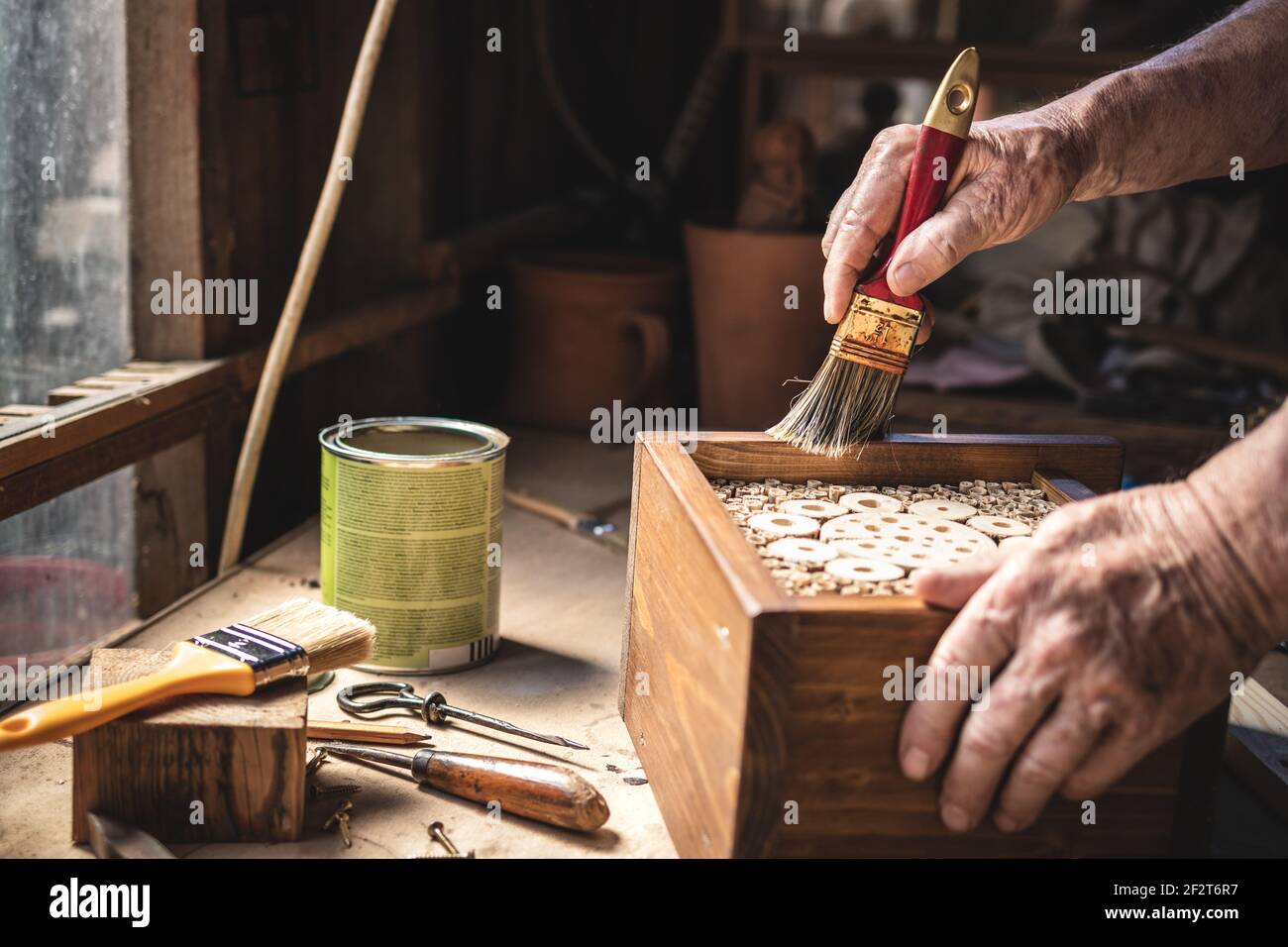 Painting wooden insect hotel in workshop. Making handmade insect house ...