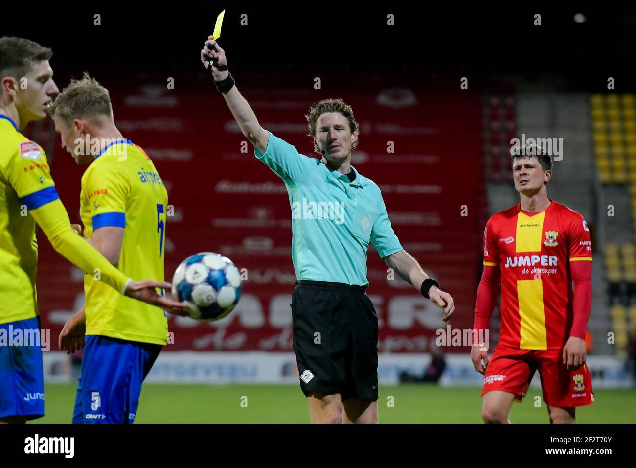 DEVENTER, NETHERLANDS - MARCH 12: referee Martin van den Kerkhof shows ...