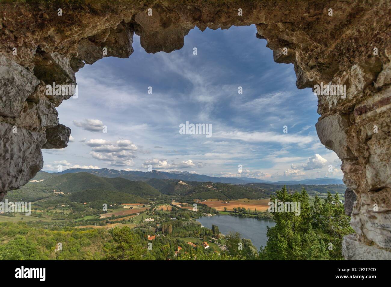 Beautiful lake Piediluco view and the ancient town Labro on the hill ...