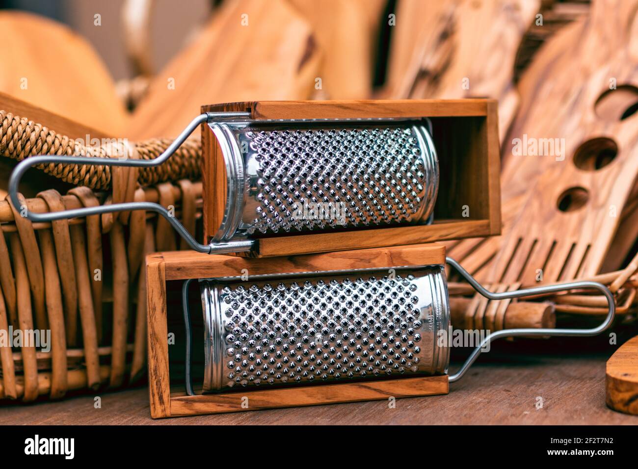 Wooden kitchen utensils. Wooden grater and other wooden tools for the ...