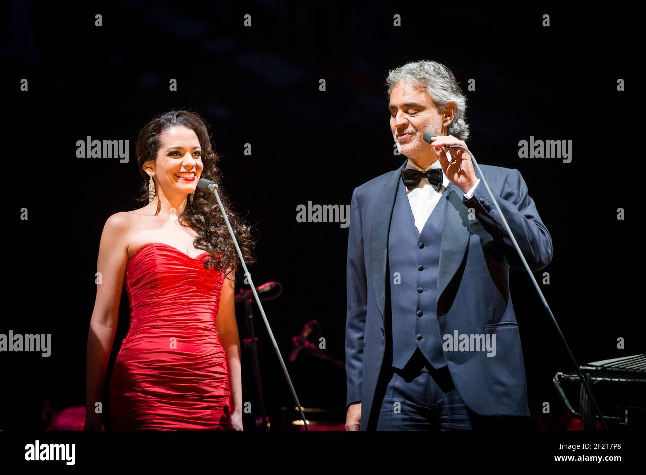 Soprano Maria Aleida joins Andrea Bocelli on stage at the O2 Arena ...