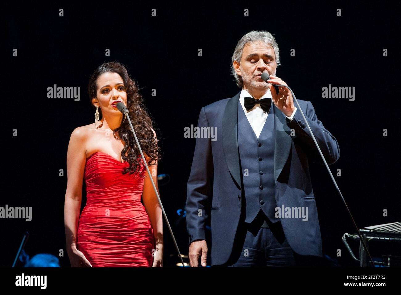Soprano Maria Aleida joins Andrea Bocelli on stage at the O2 Arena ...