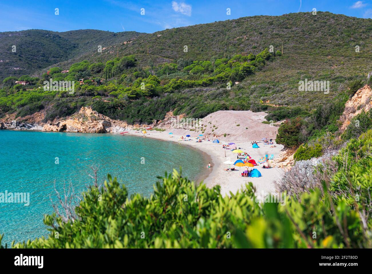 View of the beautiful wild beach on Elba Island and the blue lagoon ...