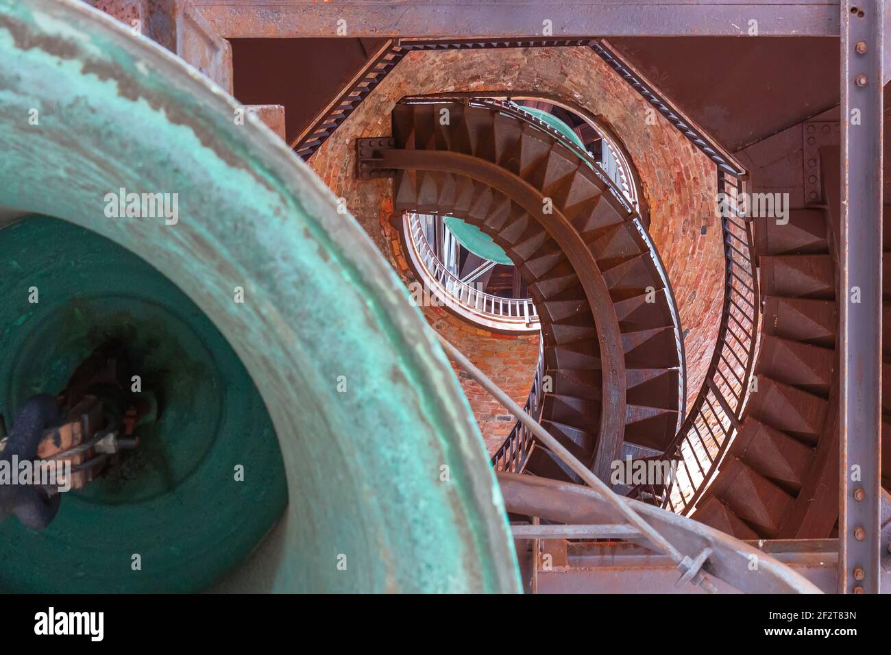 internal structure of the bell tower with stairs and bell Stock Photo ...