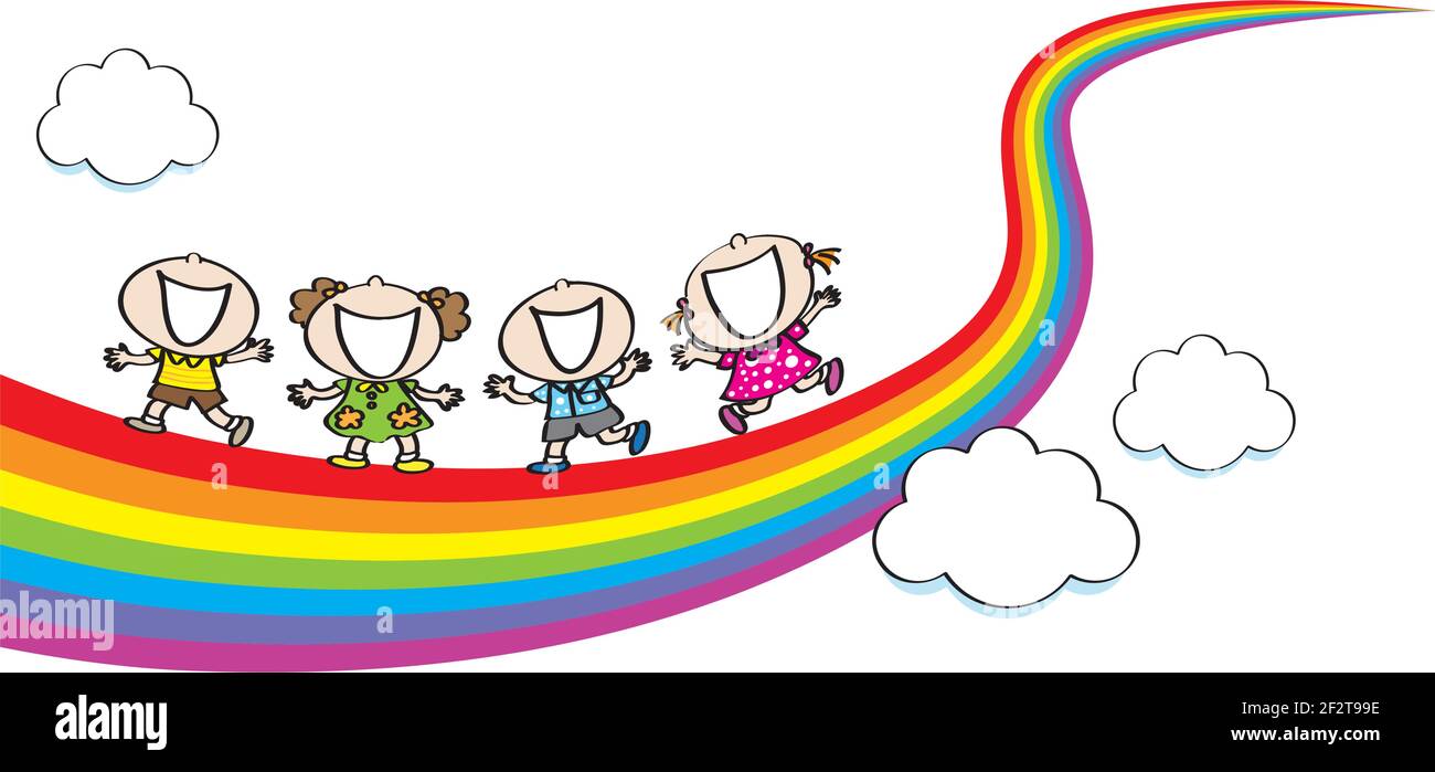 vector cartoon children with rainbow background Stock Vector Image ...