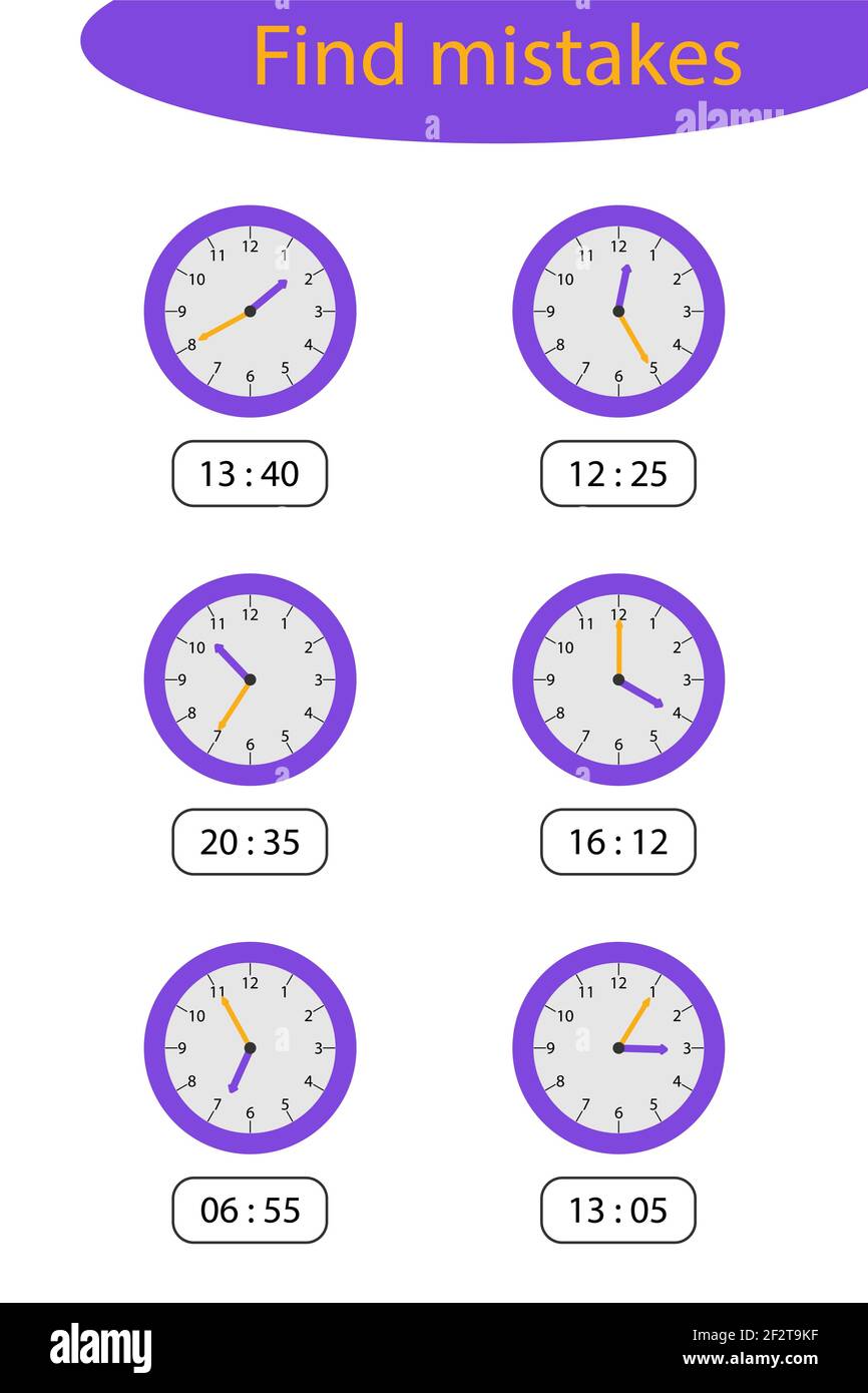 What time is it, find mistakes. game with clocks for children, fun ...