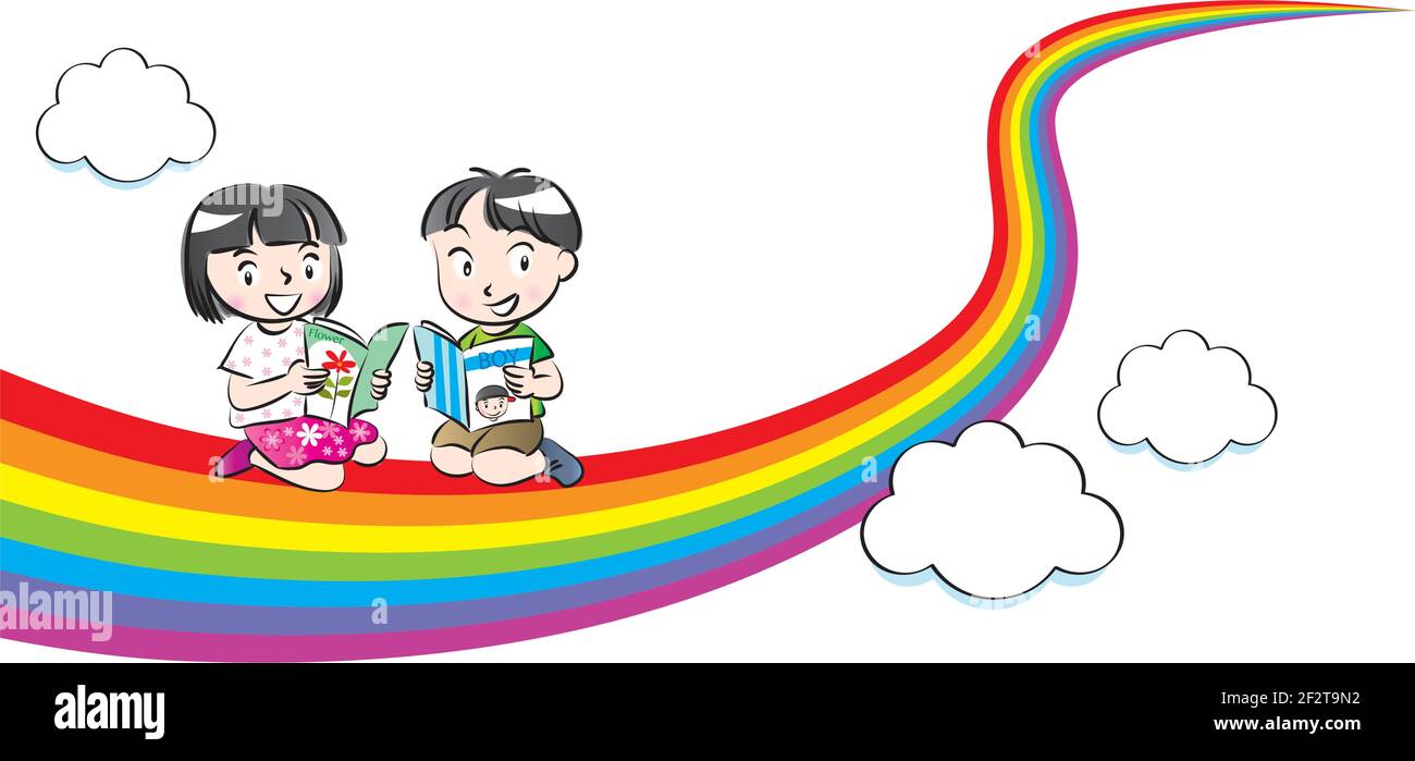 vector cartoon children reading with rainbow background Stock Vector ...