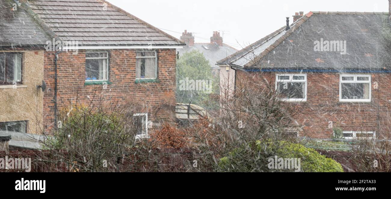 Bradford, West Yorkshire, UK. 13th Mar, 2021. Squally snow showers with ...