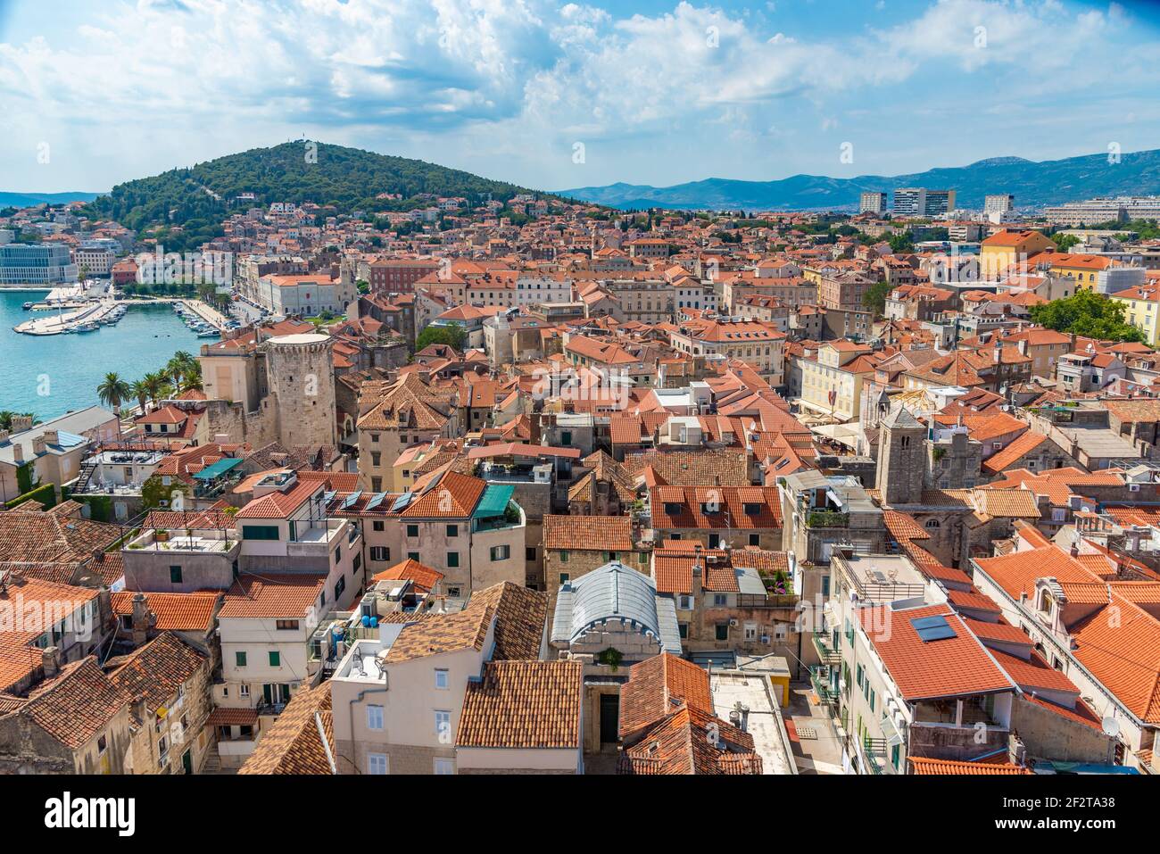Aerial view of Marjan hill overlooking old town of Split in Croatia ...