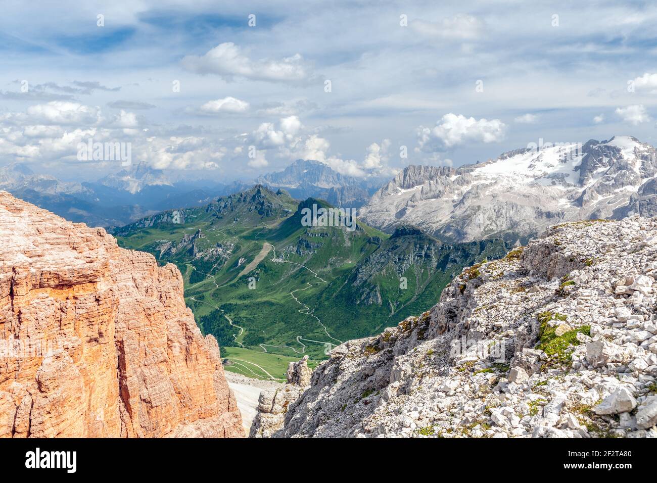 Beautiful view of Marmolada glasier and Pass Pordoi valley from Piz Boe ...