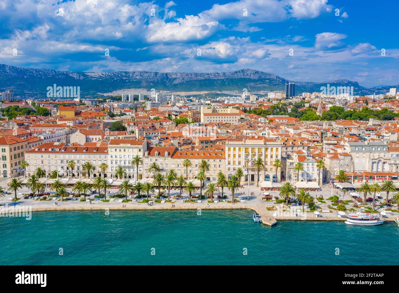 Aerial view of cityscape of Croatian city Split behind Riva promenade ...
