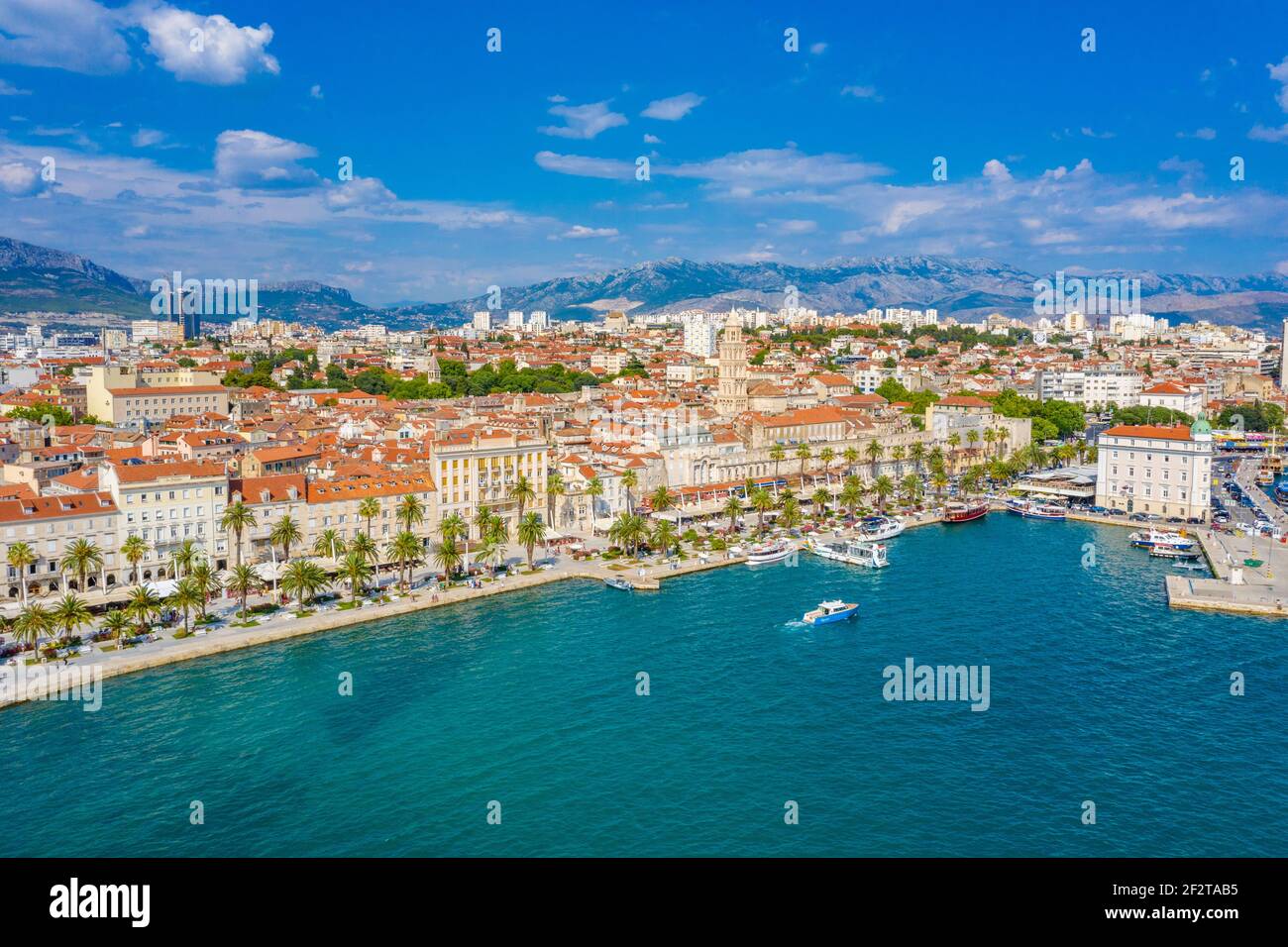 Aerial view of cityscape of Croatian city Split behind Riva promenade ...