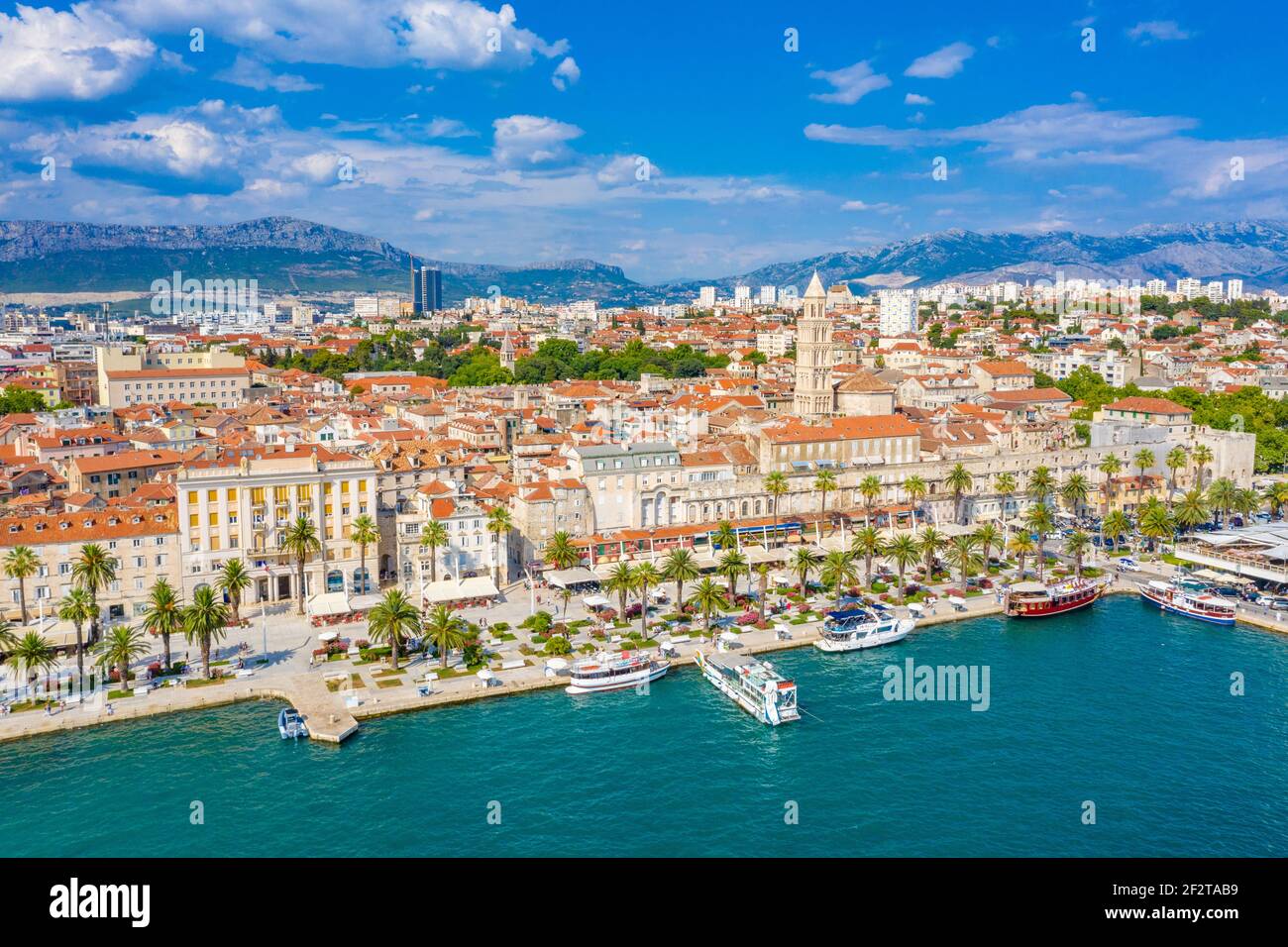 Aerial view of cityscape of Croatian city Split behind Riva promenade ...