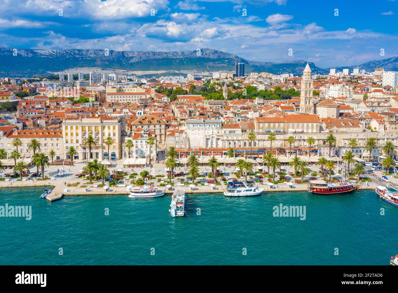 Aerial view of cityscape of Croatian city Split behind Riva promenade ...