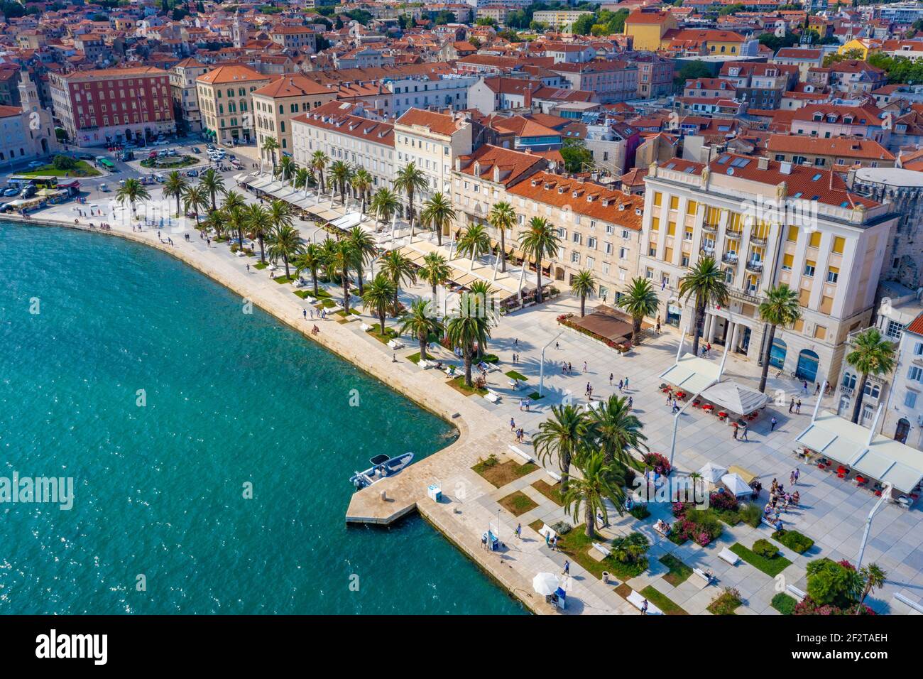 Aerial view of cityscape of Croatian city Split behind Riva promenade ...