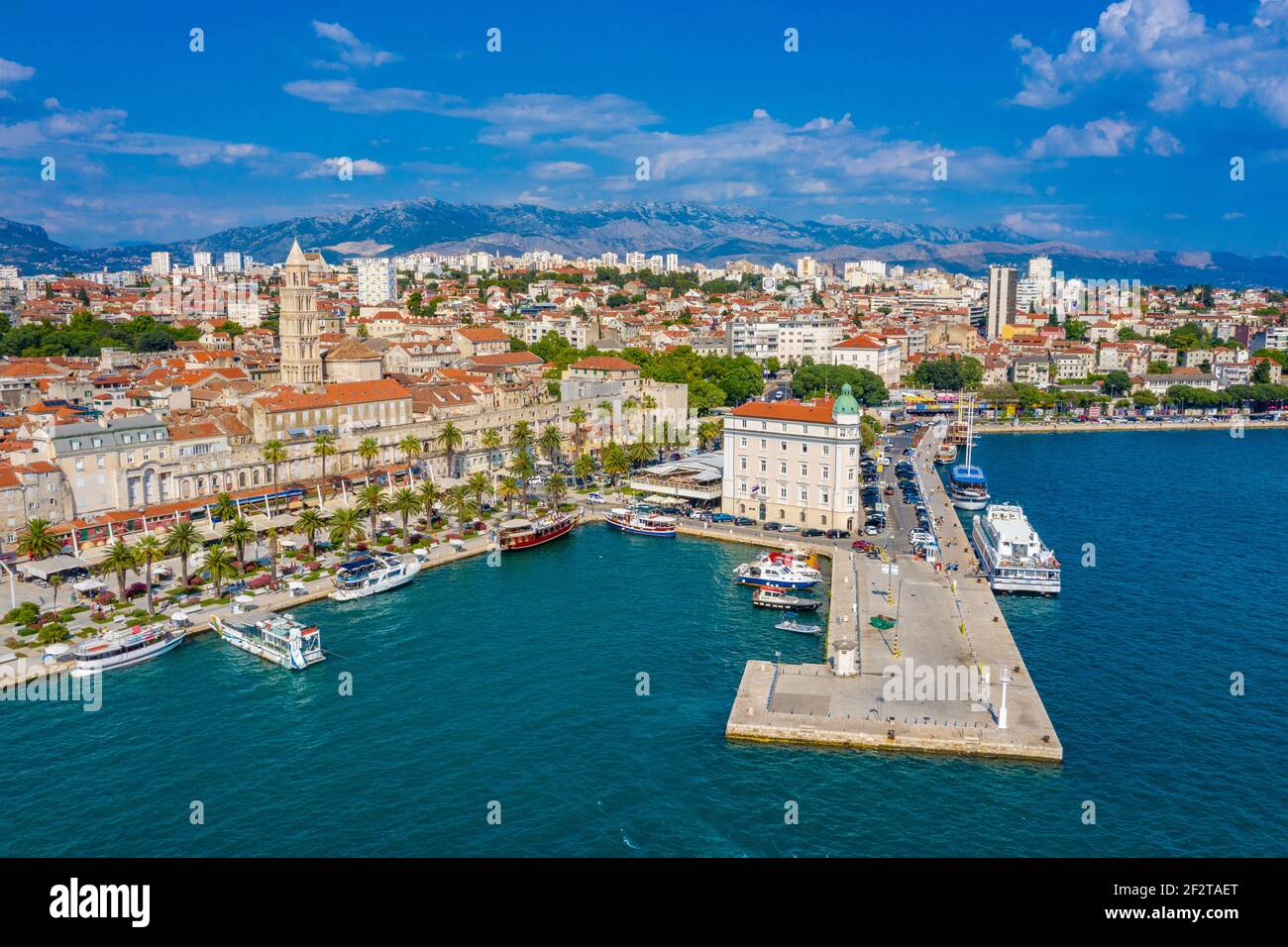 Aerial view of cityscape of Croatian city Split behind Riva promenade ...