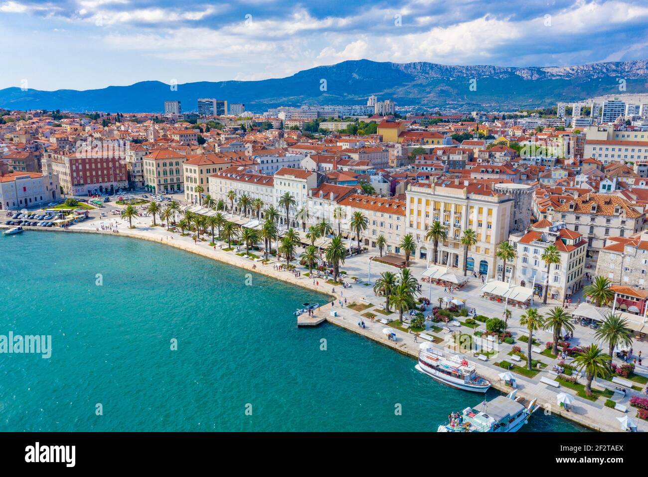 Aerial view of cityscape of Croatian city Split behind Riva promenade ...