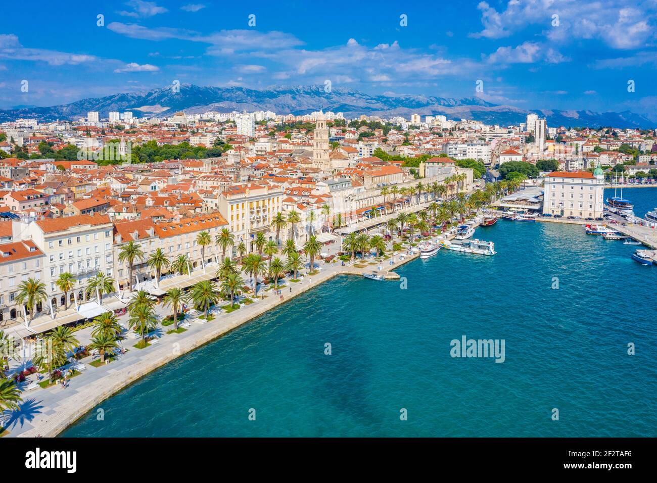 Aerial view of cityscape of Croatian city Split behind Riva promenade ...