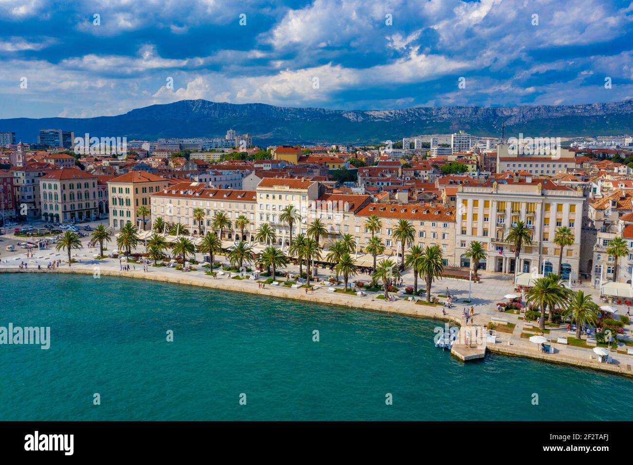 Aerial view of cityscape of Croatian city Split behind Riva promenade ...