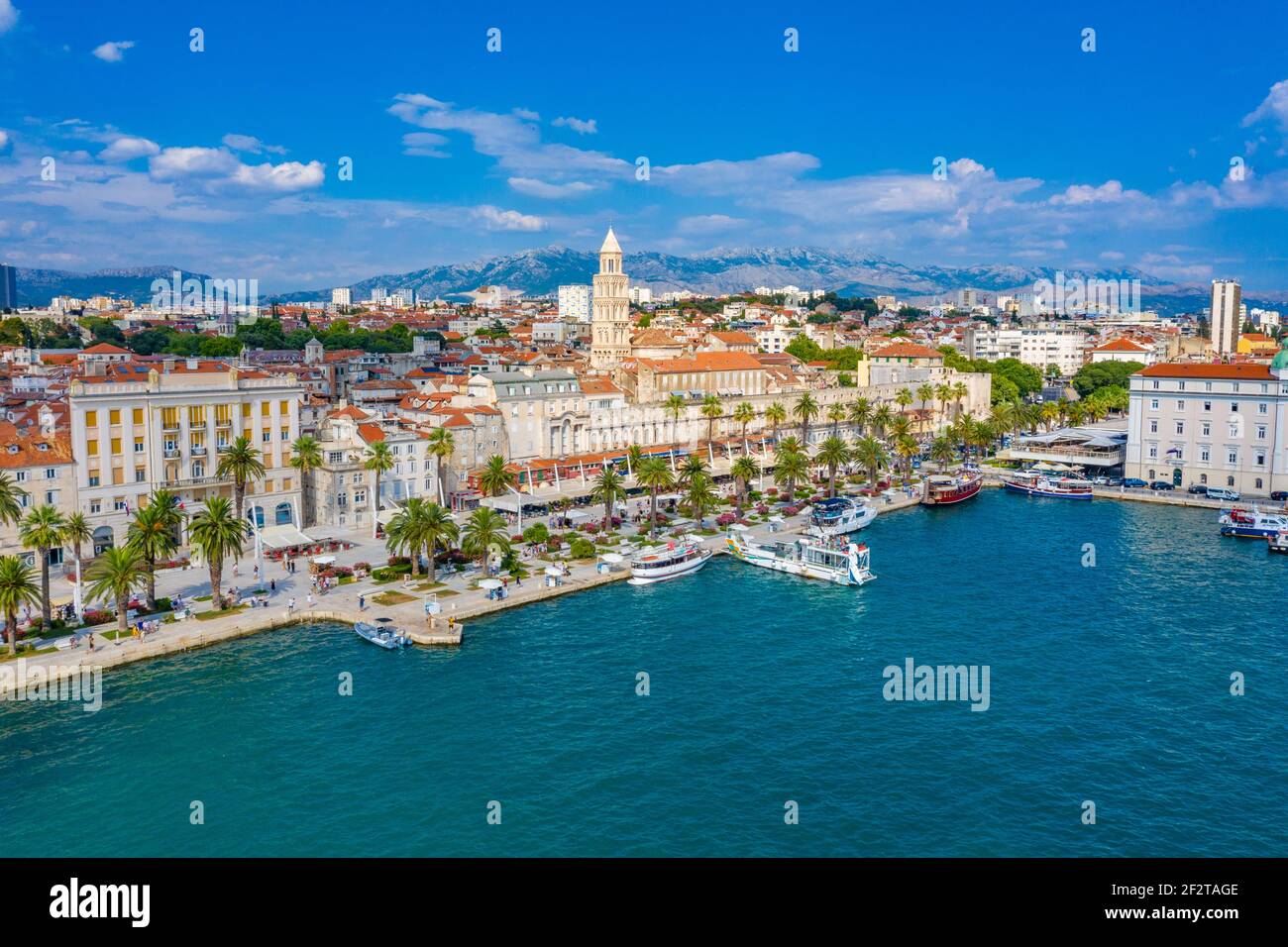 Aerial view of cityscape of Croatian city Split behind Riva promenade ...