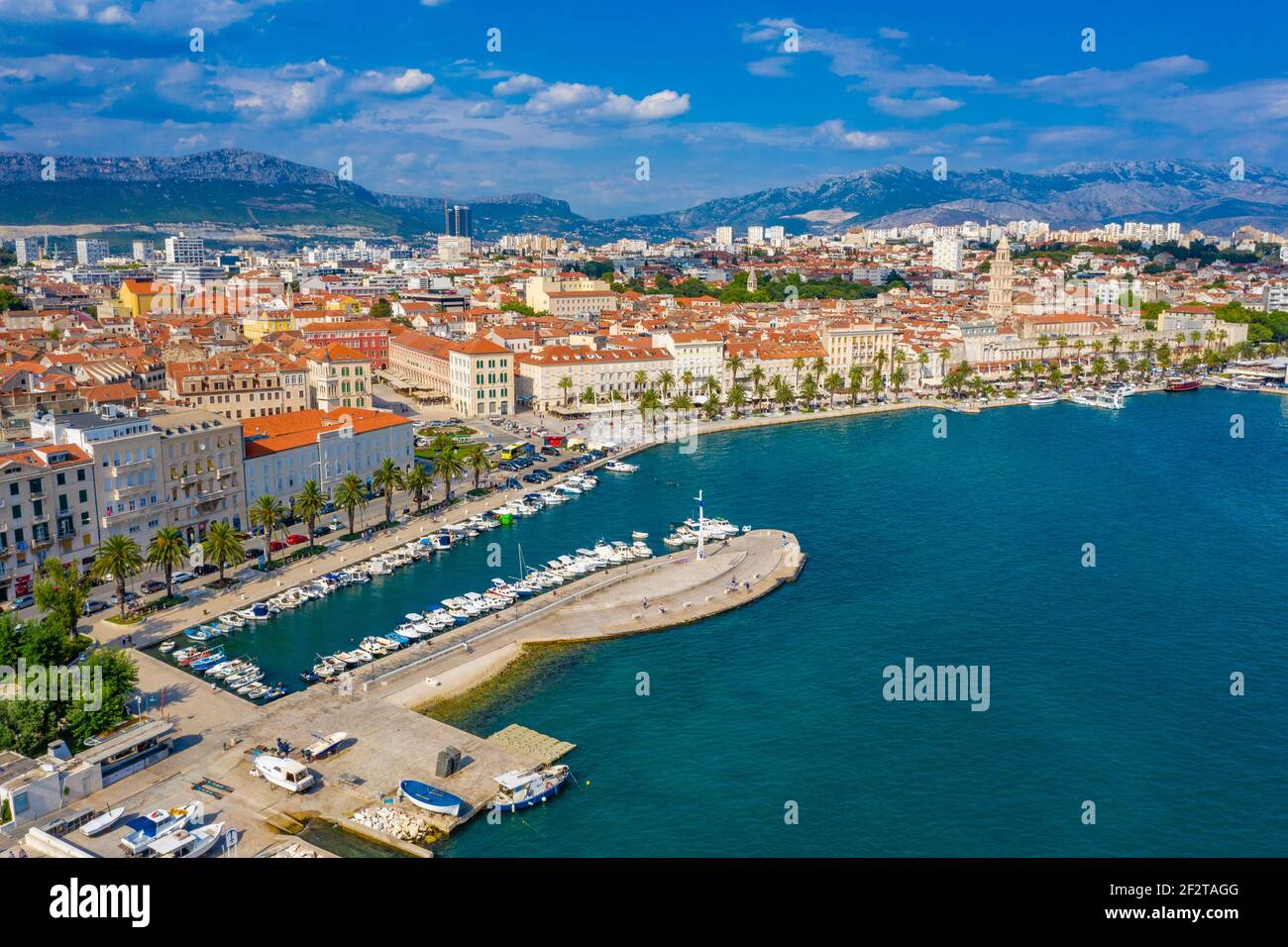 Aerial view of cityscape of Croatian city Split behind Riva promenade ...