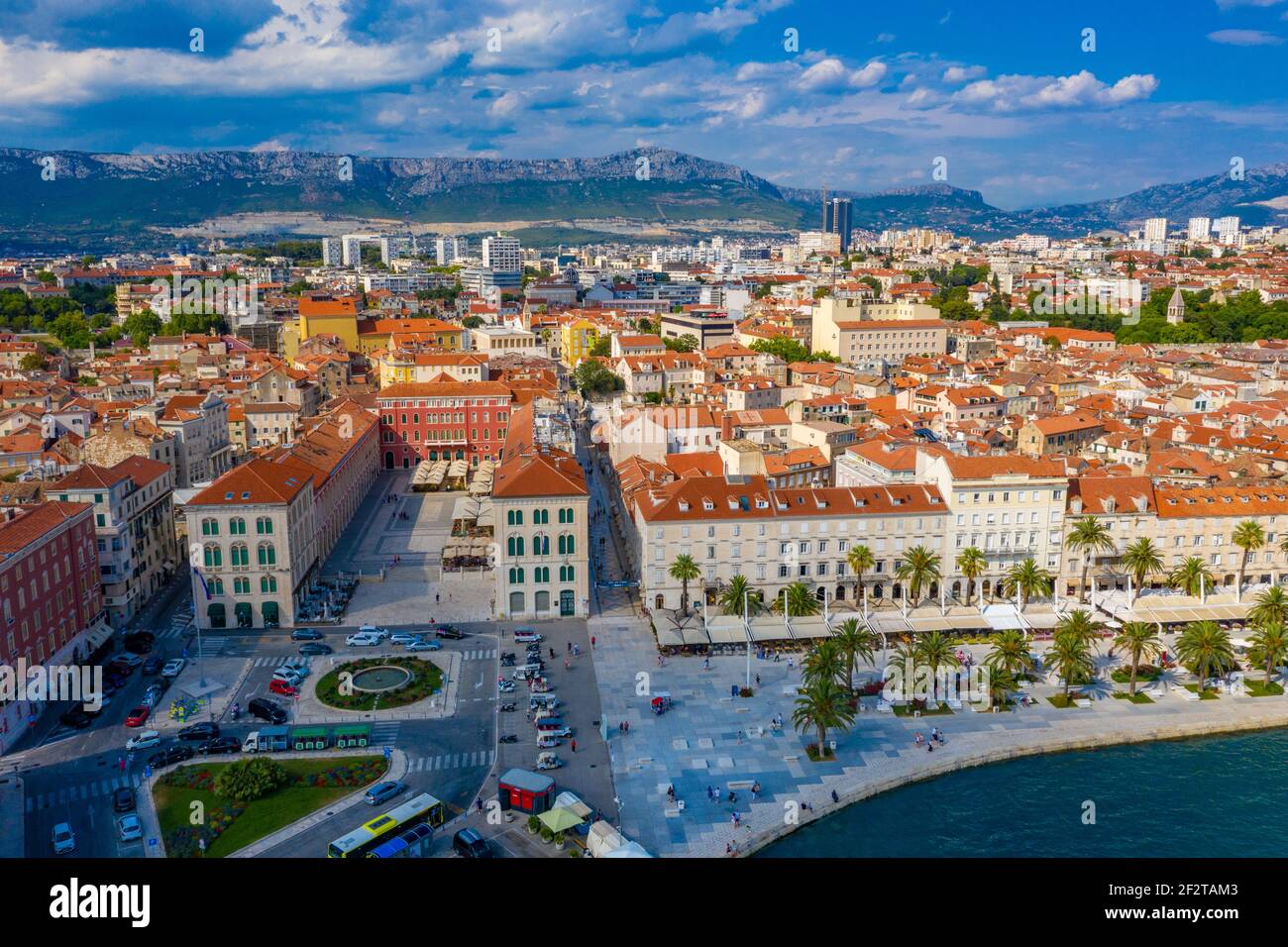 Aerial view of cityscape of Croatian city Split behind Riva promenade ...