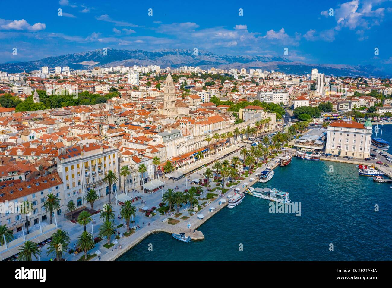 Aerial view of cityscape of Croatian city Split behind Riva promenade ...
