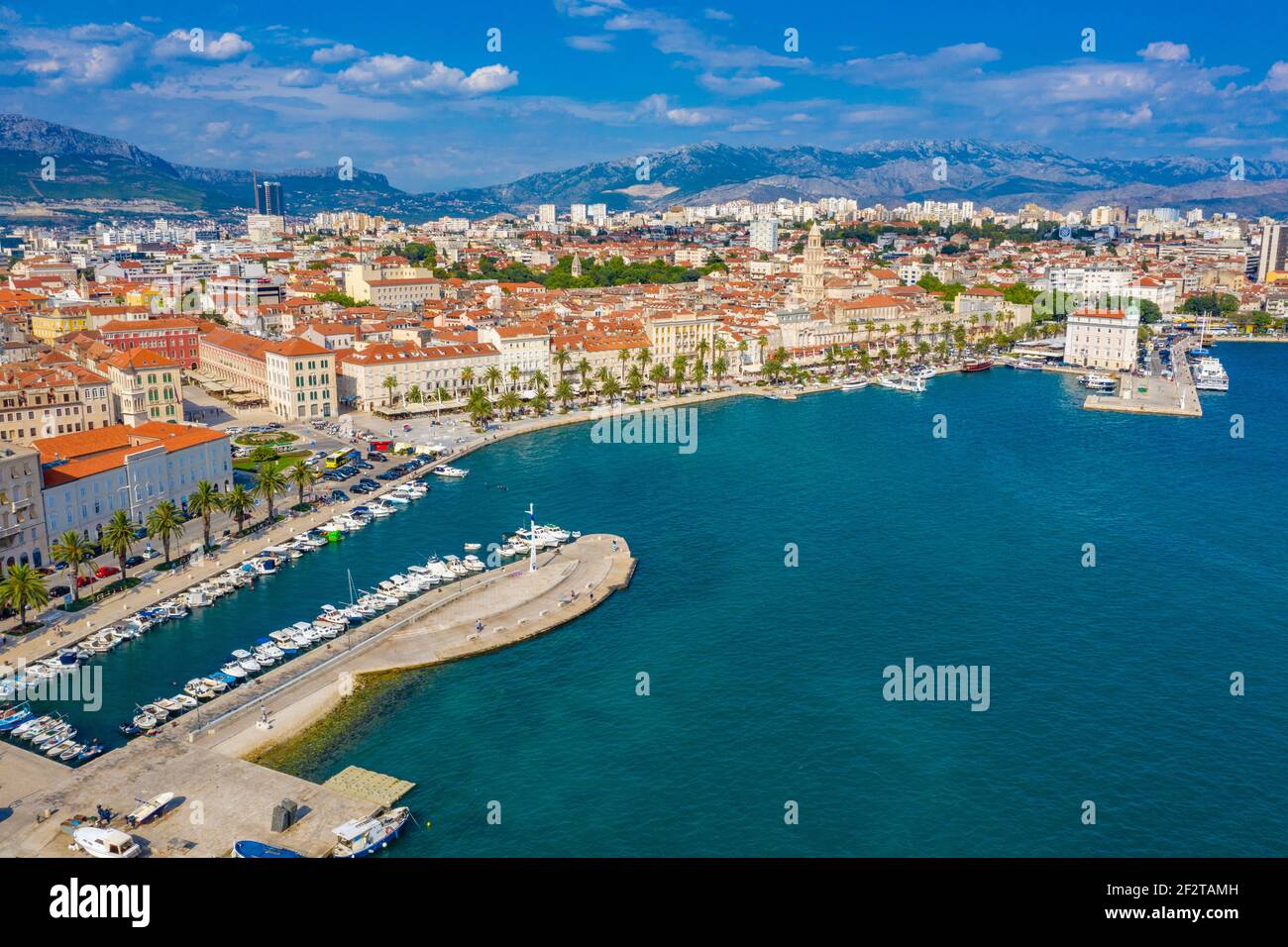 Aerial view of cityscape of Croatian city Split behind Riva promenade ...