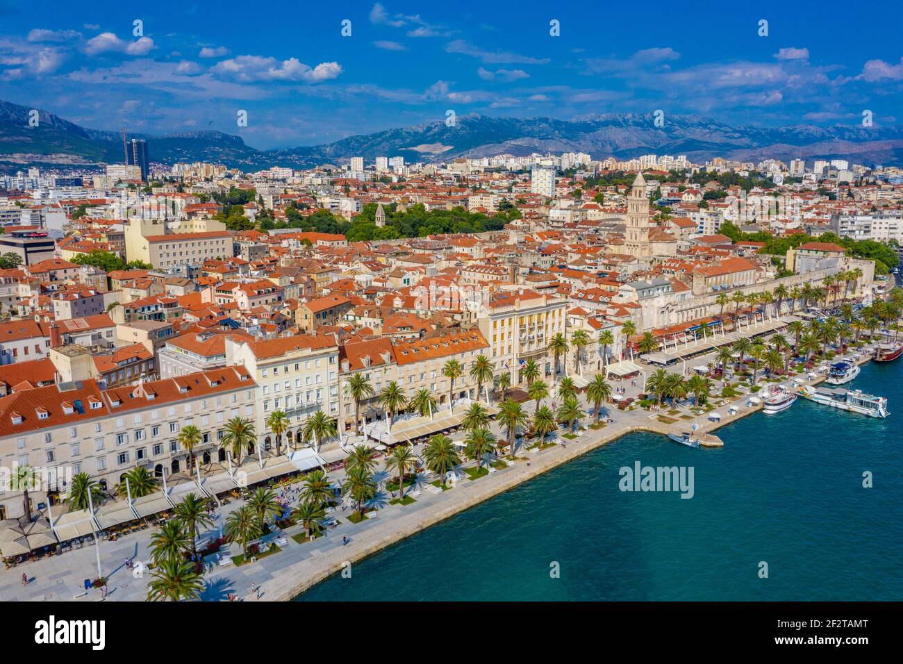 Aerial view of cityscape of Croatian city Split behind Riva promenade ...