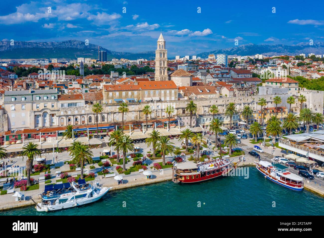 Aerial view of cityscape of Croatian city Split behind Riva promenade ...