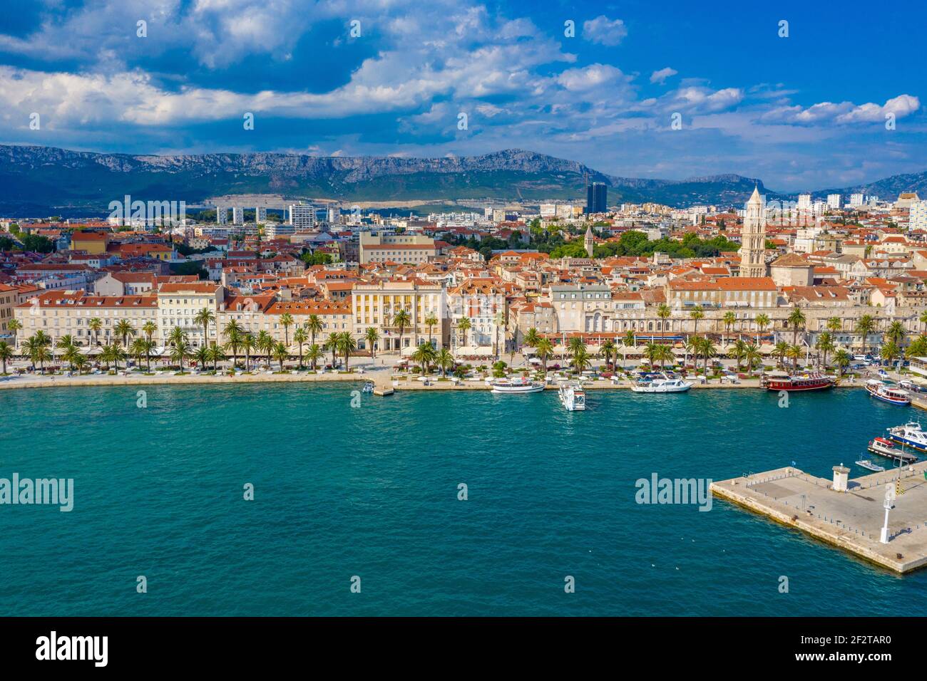 Aerial view of cityscape of Croatian city Split behind Riva promenade ...