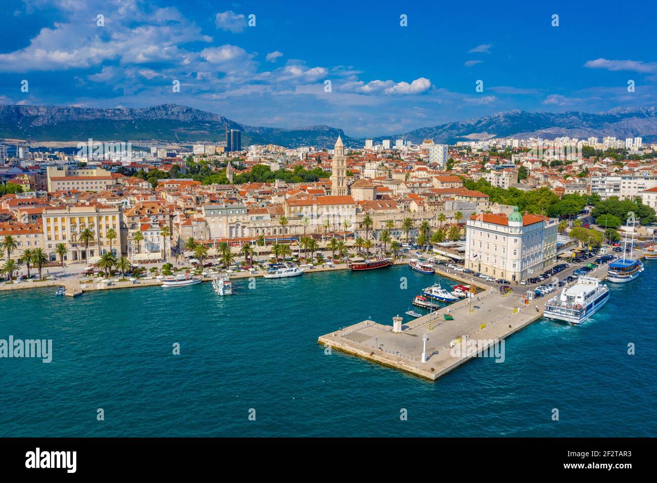 Aerial view of cityscape of Croatian city Split behind Riva promenade ...
