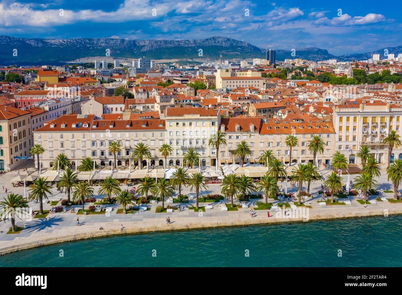 Aerial view of cityscape of Croatian city Split behind Riva promenade ...