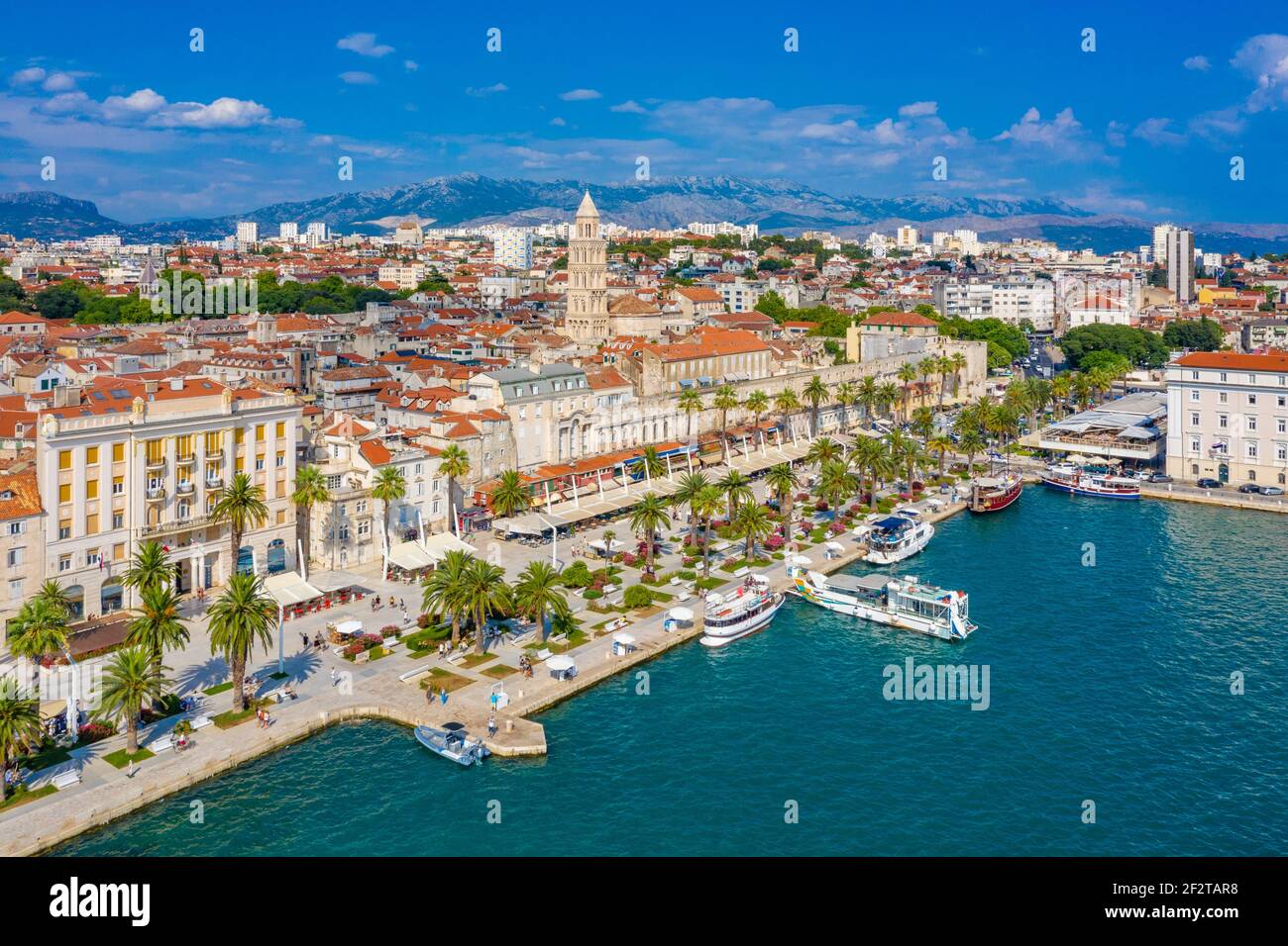 Aerial view of cityscape of Croatian city Split behind Riva promenade ...