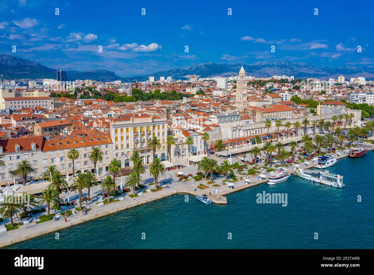 Aerial view of cityscape of Croatian city Split behind Riva promenade ...