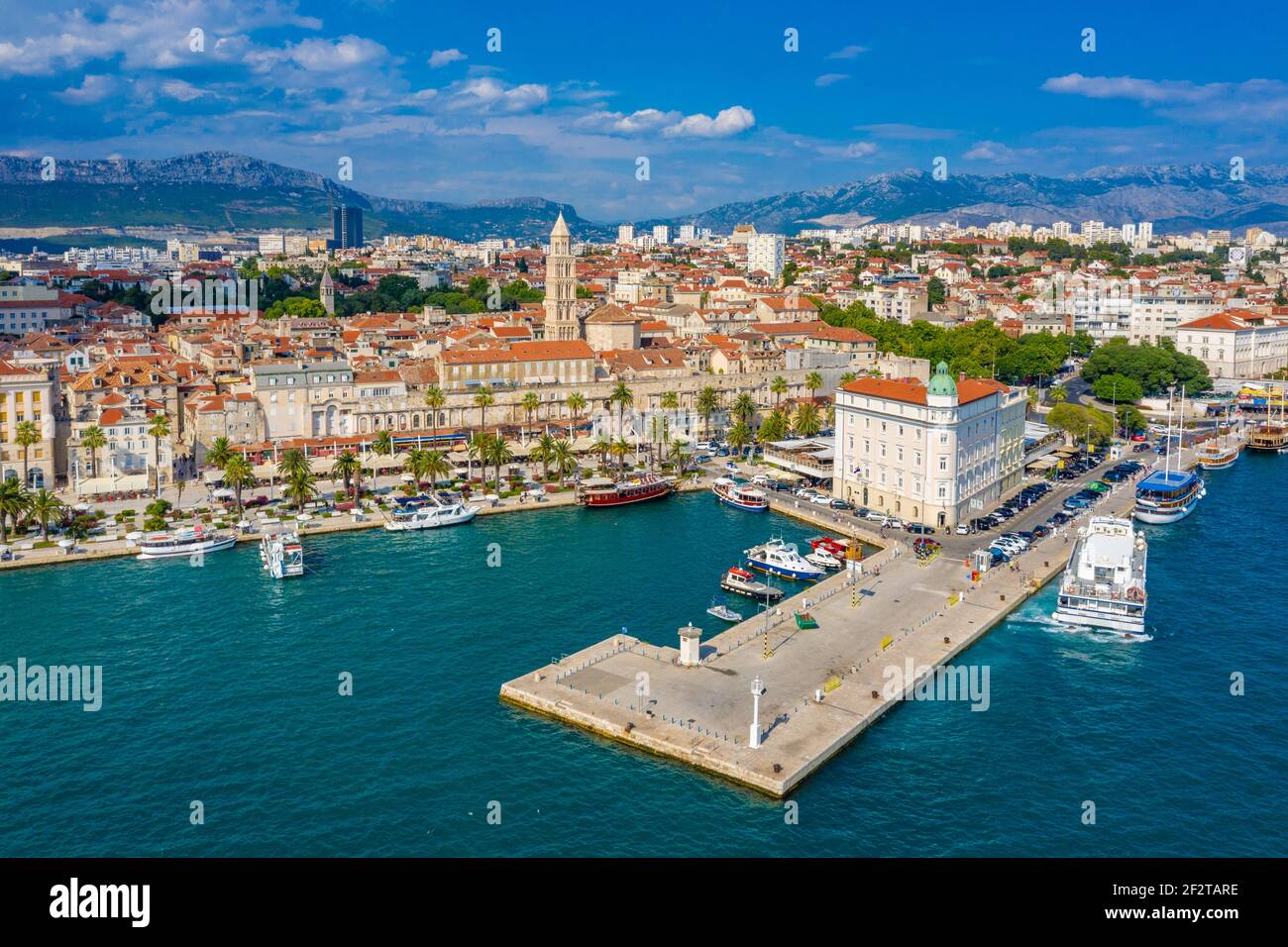 Aerial view of cityscape of Croatian city Split behind Riva promenade ...