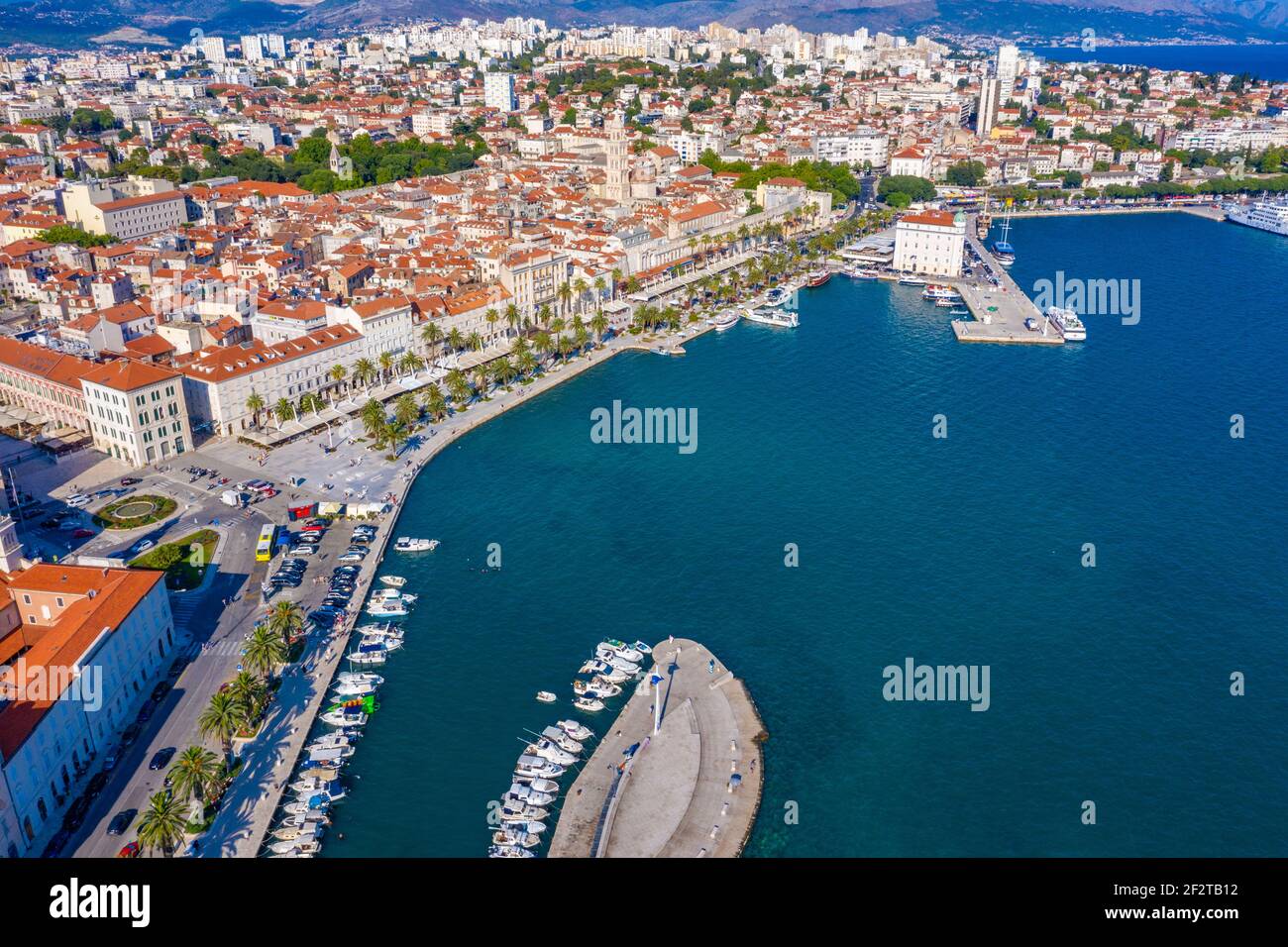 Aerial view of cityscape of Croatian city Split behind Riva promenade ...