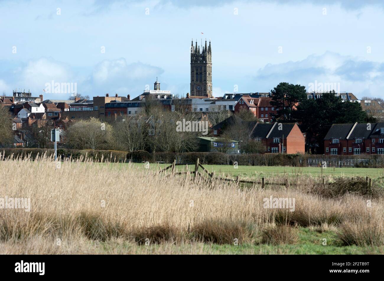 A view of Warwick town centre from the Lammas Field conservation area ...