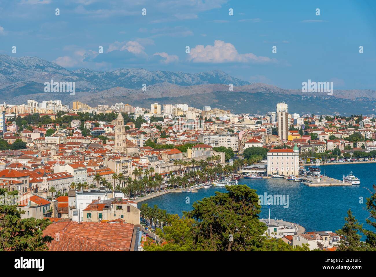 Aerial view of cityscape of Croatian city Split behind Riva promenade ...